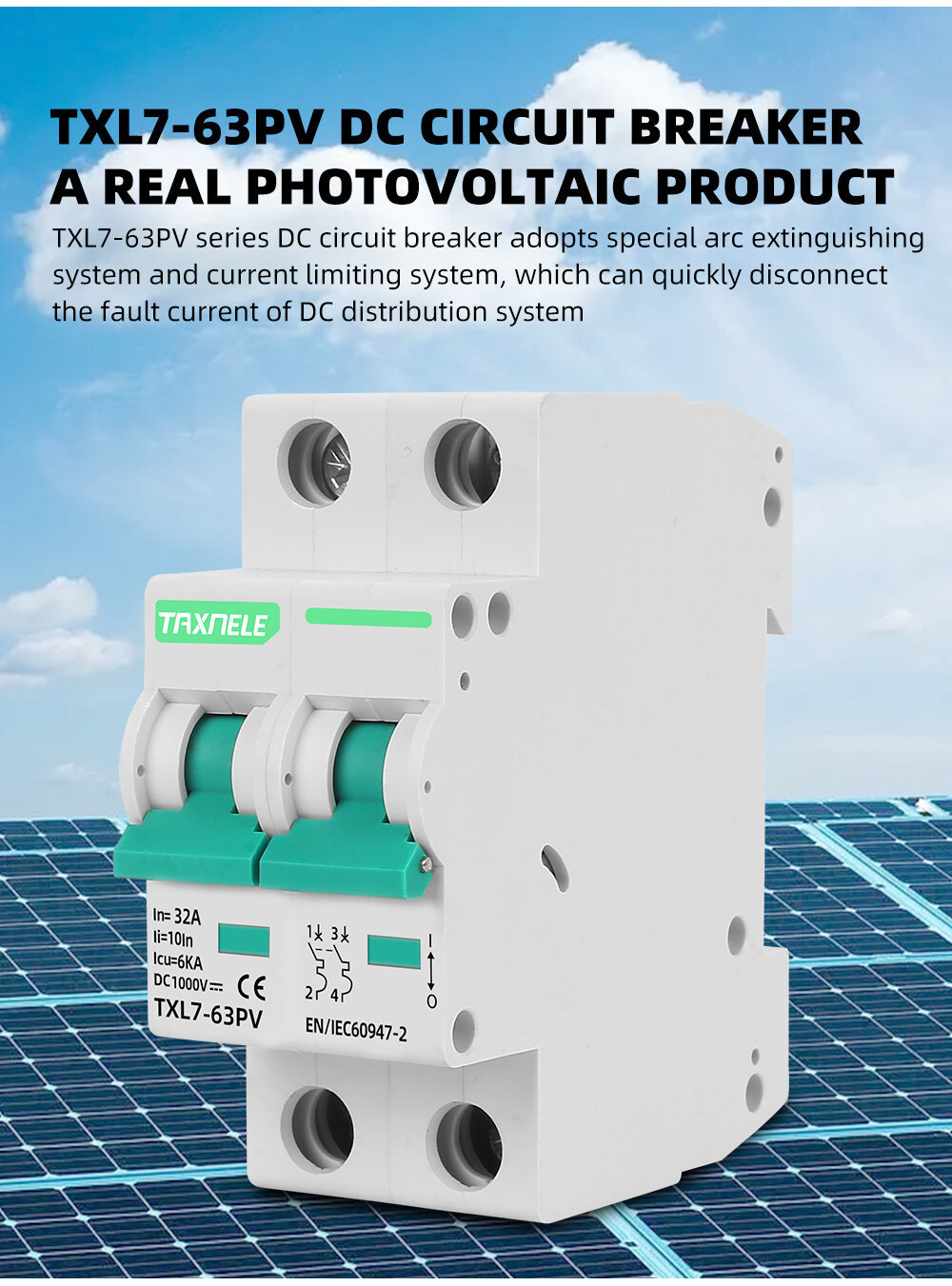 TAXNELE TXL7-63PV 2P 10A 16A 20A 25A 32A 40A 50A 63A DC MCB L7 Solar PV Mini Circuit Breaker DC ...