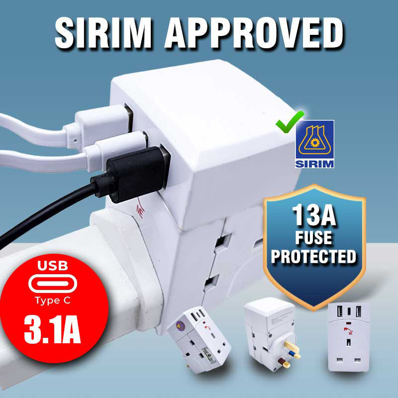 ME 13A 3 Way Adapter with USB Charger 3100mA USB TYPE C plug three ...