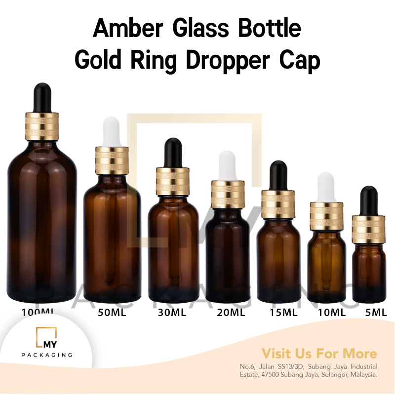 Amber Glass Bottle 5ml to 100ml + Sanded Gold Ring Glass Dropper Cap ...