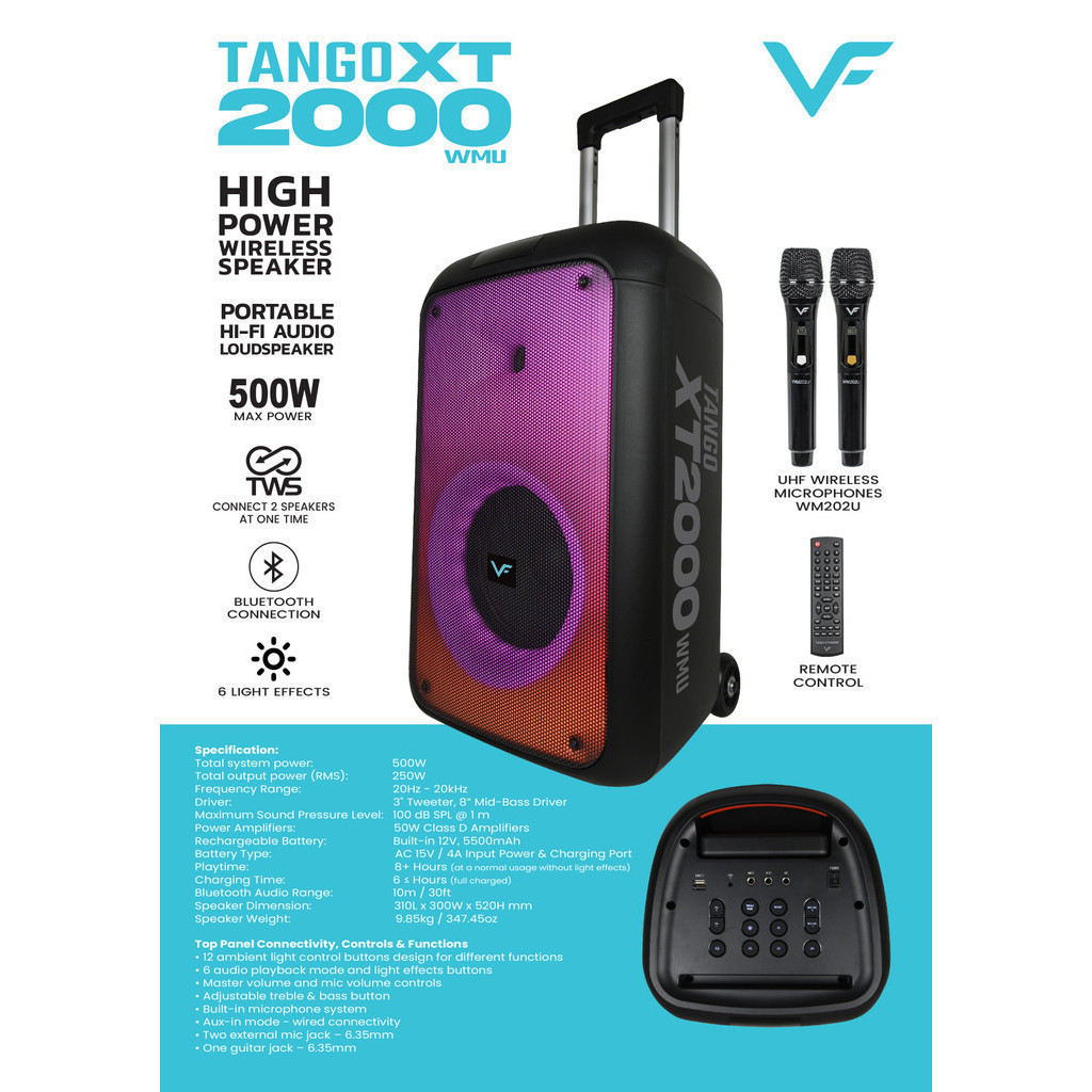 Vinnfier VF Tango XT2000 WMU 500W Bluetooth Speaker HI-FI Audio Karaoke PartyBox Speaker with 2 ...