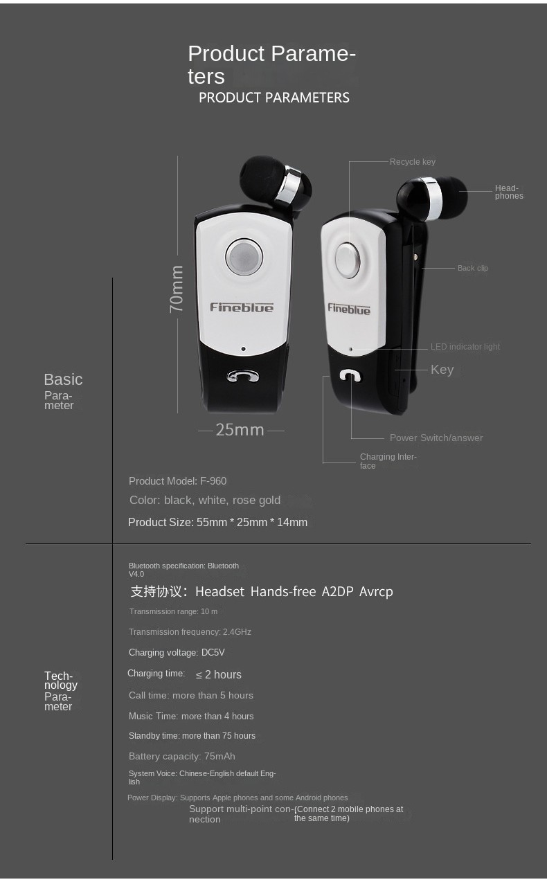 The retractable cable business clip collar wireless single ear ...