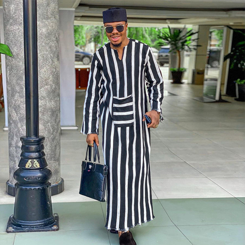 Men's Muslim Robe Striped Thobe Men Islamic Muslim Kaftan Long Vintage ...