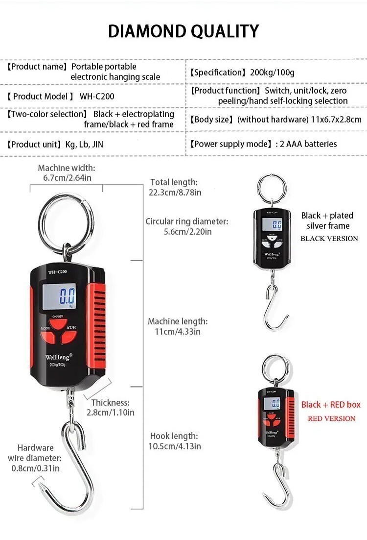 WeiHeng 200kgx100g Digital Scale For Fishing Luggage Travel Weighting ...