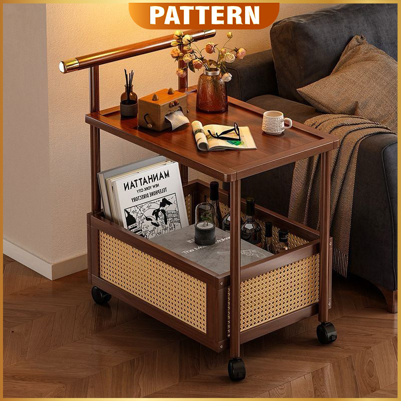 PATTERN Rattan Trolley with Storage Rack | Sofa Side Table Movable ...