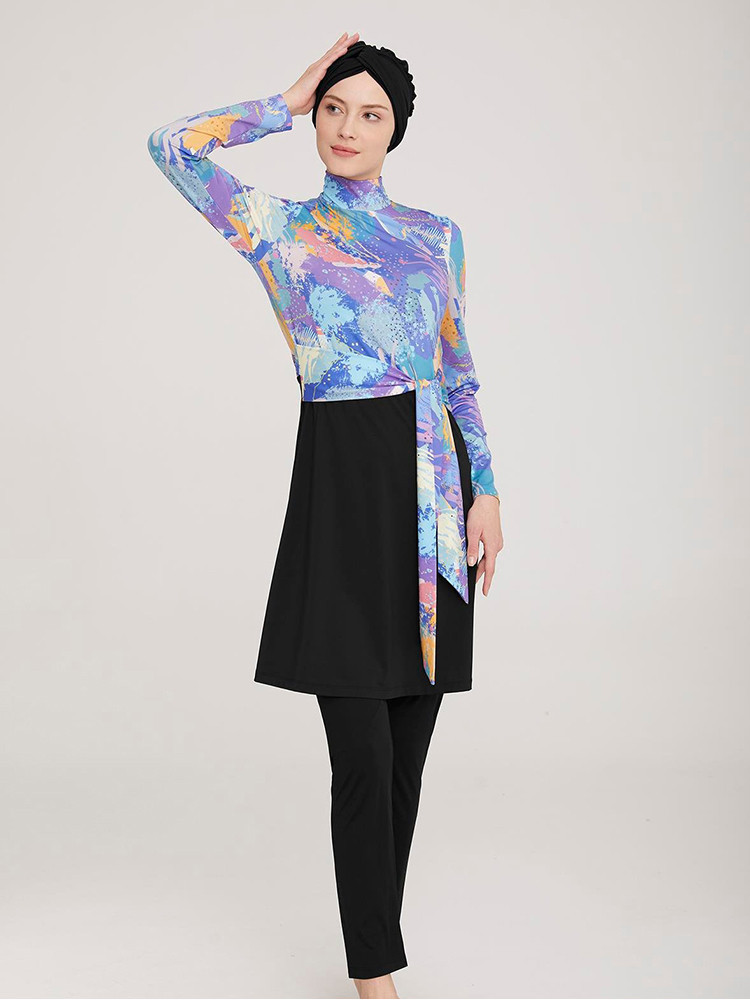 Muslim Swimming Suit Women Modest Patchwork Hijab Long Sleeves Swimsuit ...