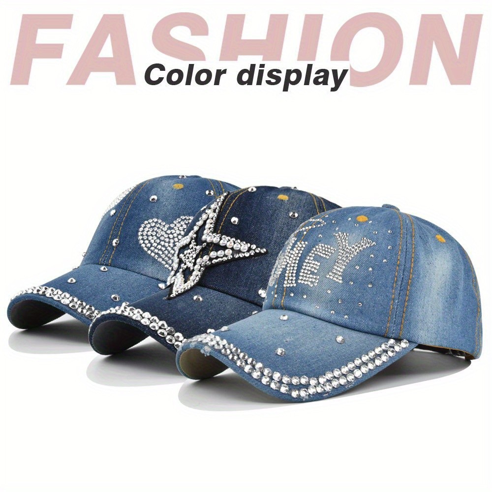 Denim duckbill cap Diamond studded cap Hip Hop Hat Heart shaped ...