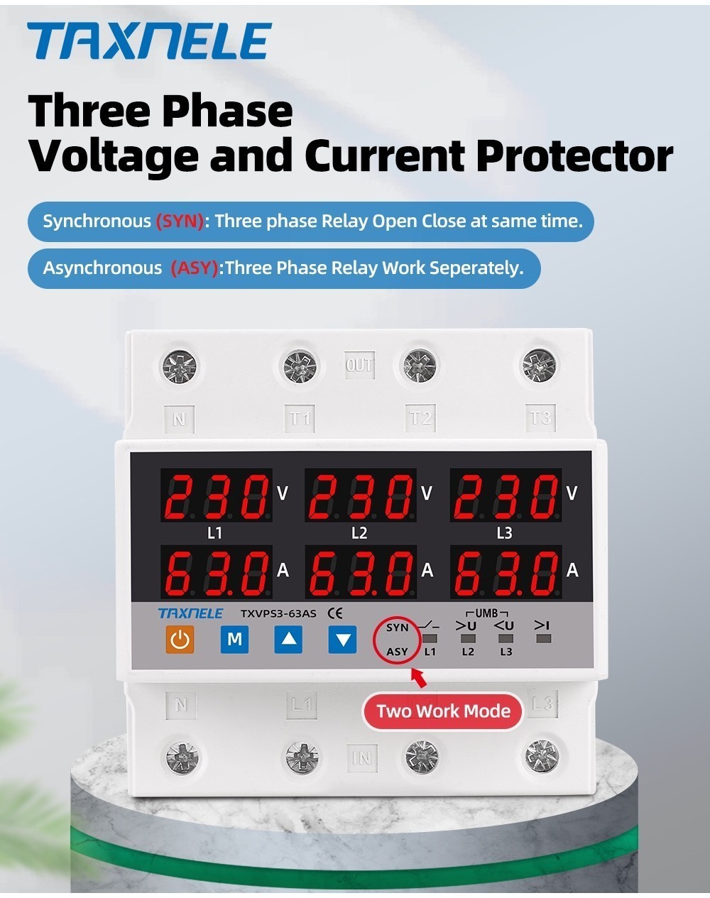 63A 100A 3 Phase adjustable Over Under Voltage current Protector SYN ...