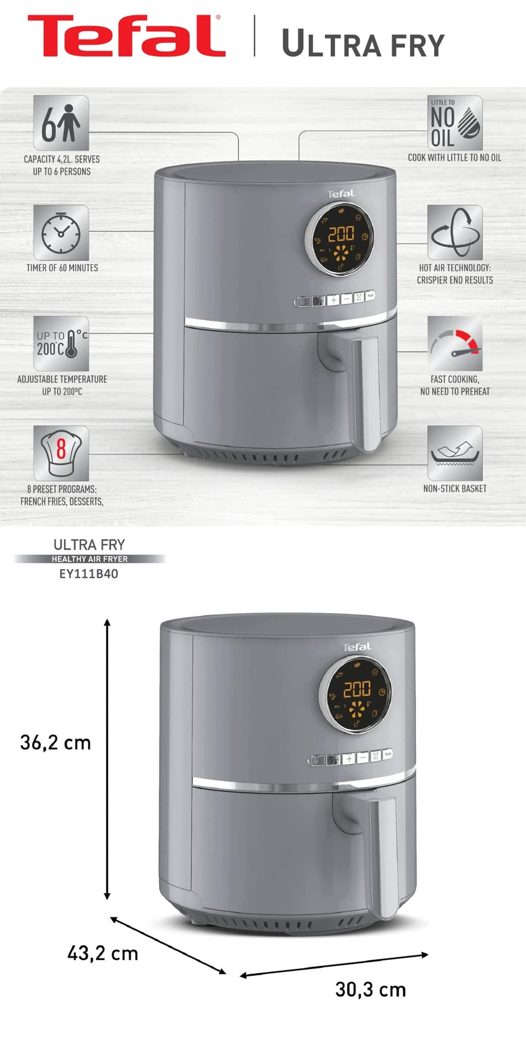 Tefal 4.2 Liter Digital Air Fryer Ultra Fry Healthy EY111B40 EY111B ...