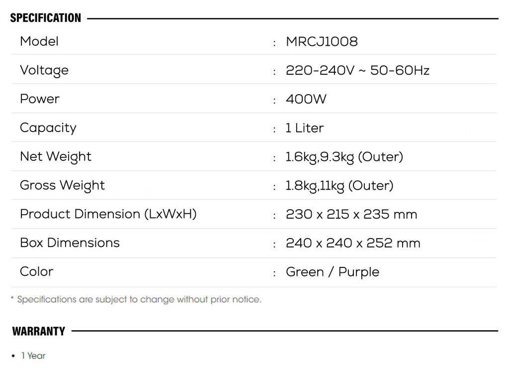 Khind 1 Liter Jar Rice Cooker RCJ1008 Green / Purple | Shopee Malaysia