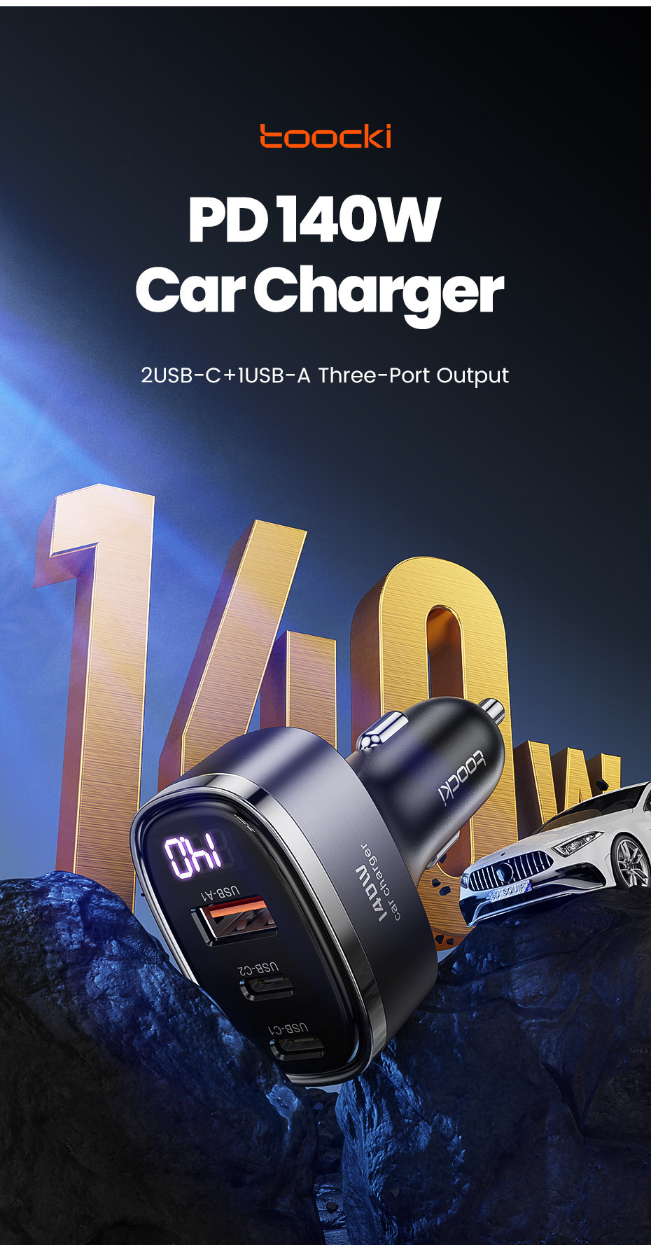 Toocki 140W Digital Display Car Charger 3-Port USB C Fast Charging QC3 ...