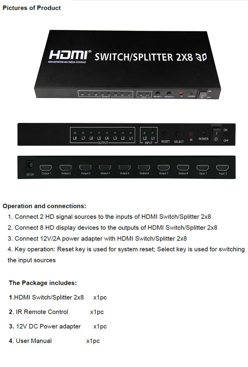 4K 3D HDMI Switch Box Selector 2x8 2 In 8 Out HDMI Splitter 1 to 8 ...
