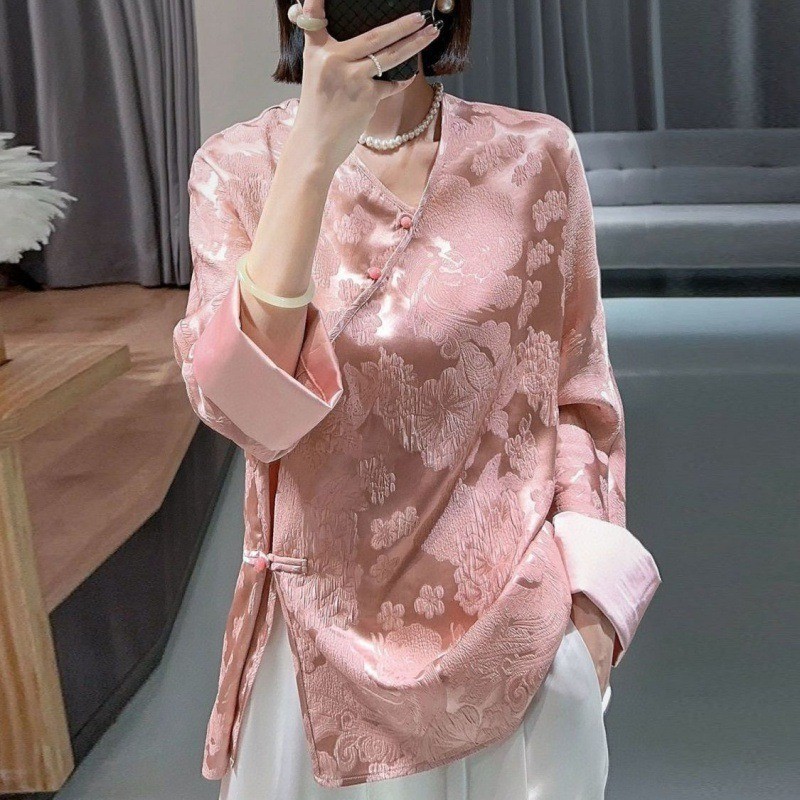 New Diagonal Placket Women Blouse Chinese Style Jacquard Slit V-neck ...