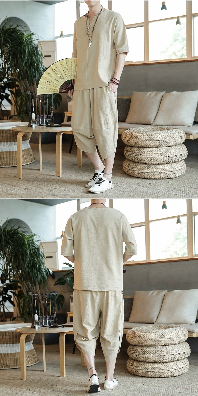Men Casual outfits 2 Pieces Linen Shirt 1/2 Sleeve Chinese Style ...