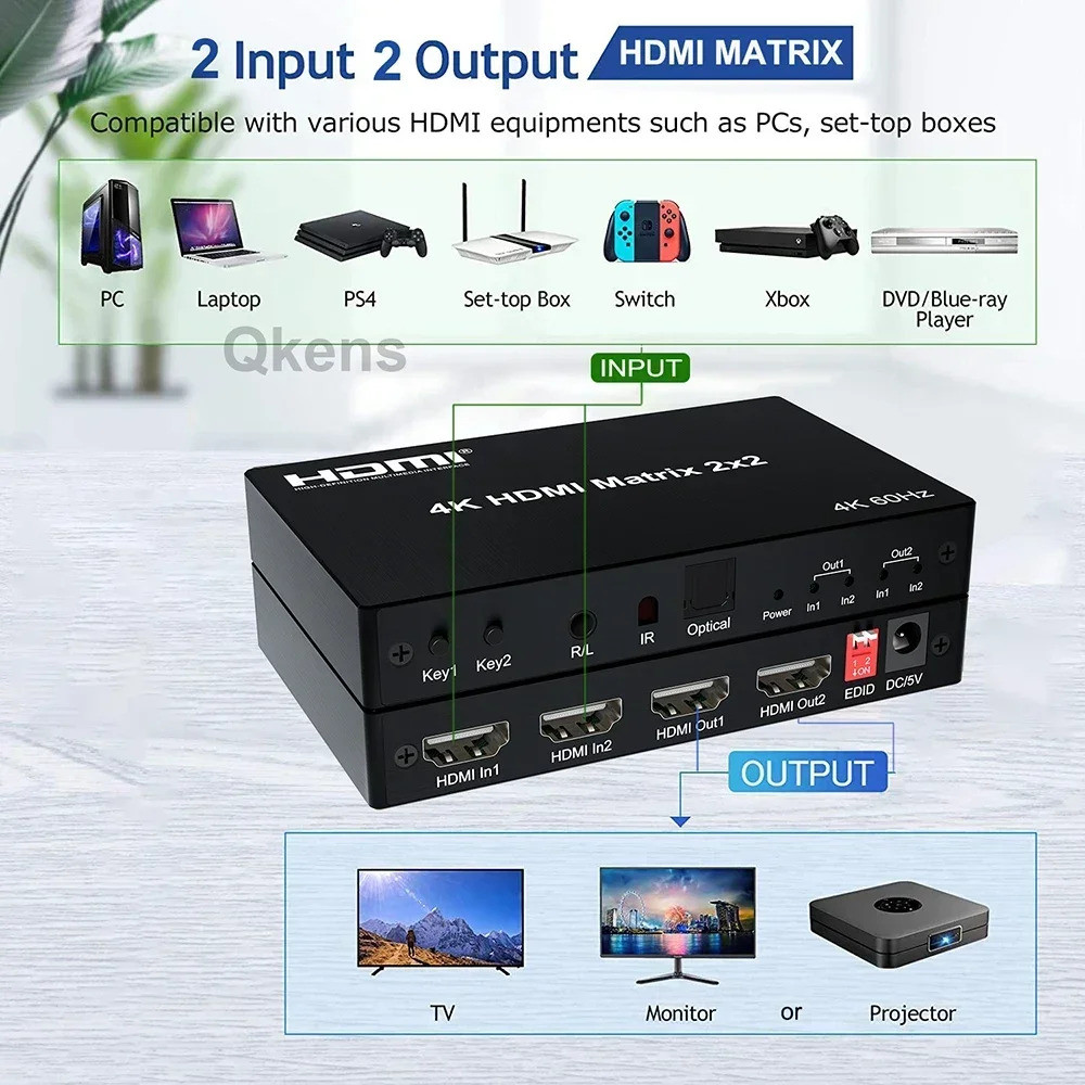 4K 60Hz 2x2 HDMI Matrix HDMI Switcher Splitter 2 in 2 Out Switch ...