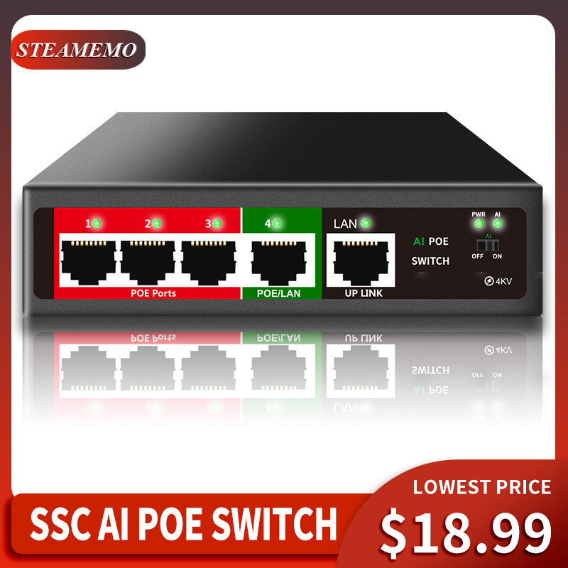 STEAMEMO SSC series100M 4 Port PoE Switch 48V Active POE Built-in Power 52W Ethernet Switch ...