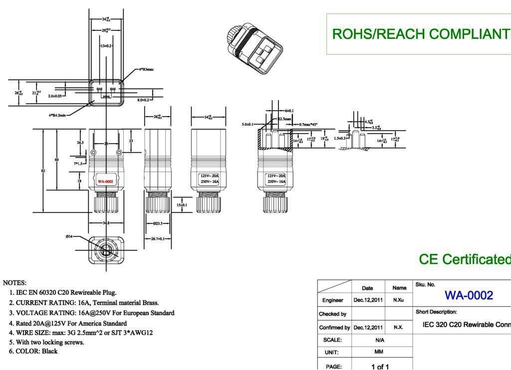 16A 250V IEC Assemble Plug Socket With two Locking Screws, IEC 320 C19 ...