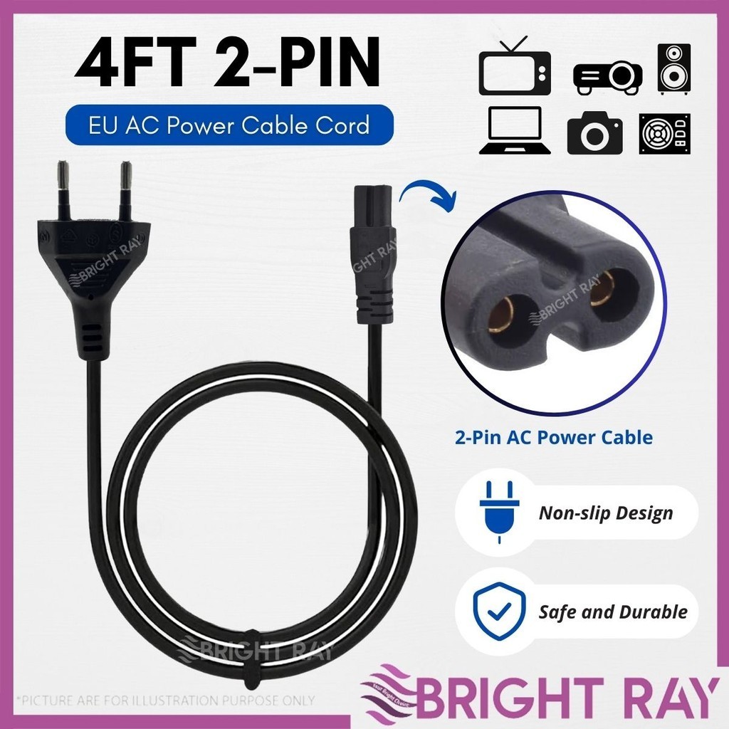 4FT EU 2 Pin AC CORD 2-Prong Port Power Cable Cord Adapter Figure 8 for ...
