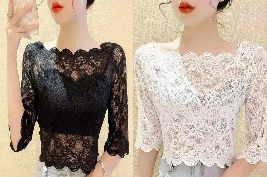 [Ready stock] One-word Collar Tops Women Tops Sexy Lace Embroidered ...