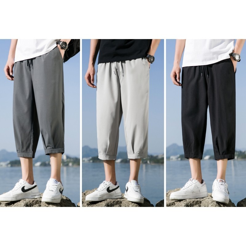 M-5XL Mens Summer Loose 3/4 Pants Ice Sillk Straight Cut Plus Size ...