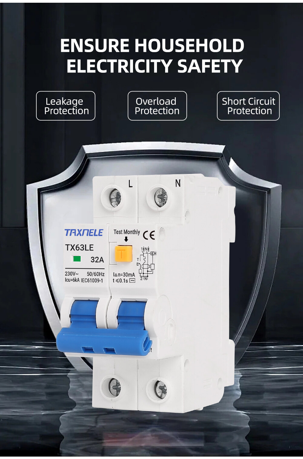 TAXNELE 230V 2P Residual Current Circuit Breaker 30mA Overload Short ...