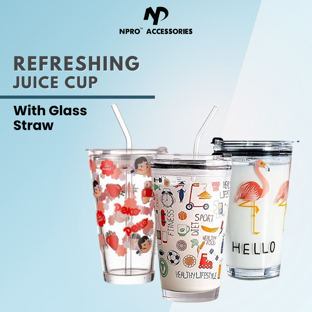 450ML Glass Cup | Juice Straw Mug with Scale Transparent Graffiti Style ...