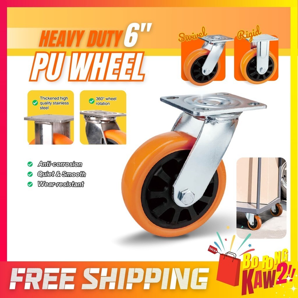 6in / 150mm Heavy Duty PU Wheel Caster Swivel Rigid Rubber Wheel Quiet ...