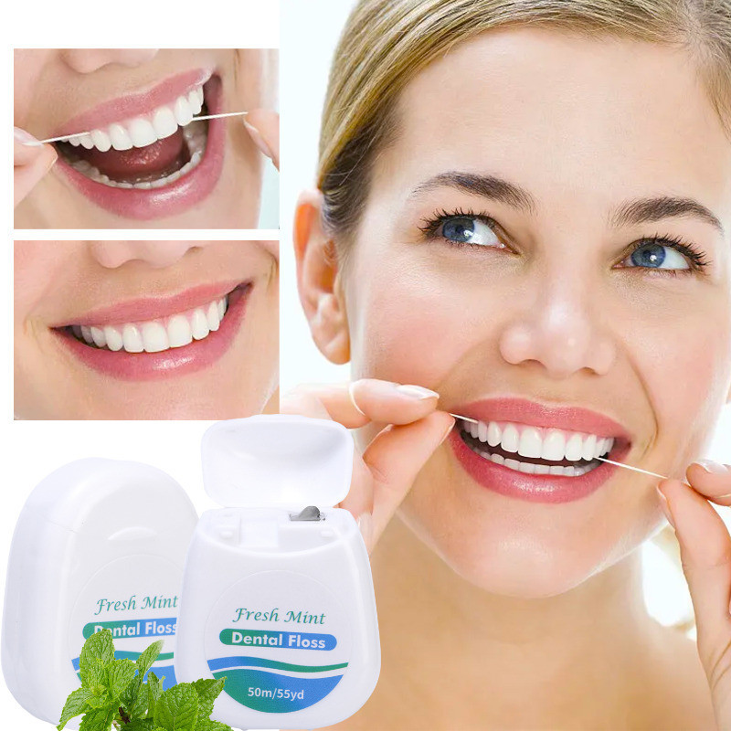 50m White Box Mint Dental Floss Roll - Pull Type Floss - Cleaning Oral ...