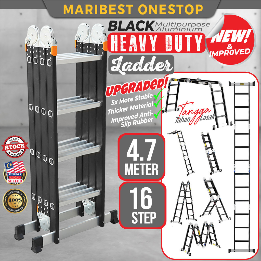 16 STEP (4.7M) HEAVY DUTY Black Aluminium Multipurpose Ladder Folding ...