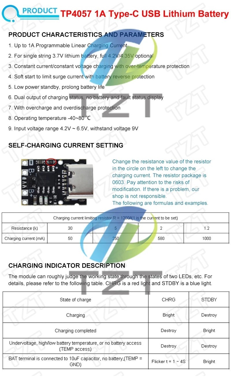 Type-C USB TP4057 1A Lithium Battery Charging Protection Board Module ...