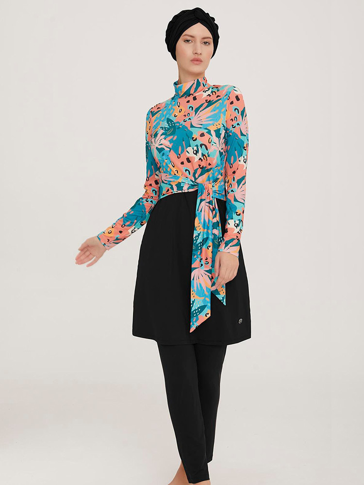 Muslim Swimming Suit Women Modest Patchwork Hijab Long Sleeves Swimsuit ...