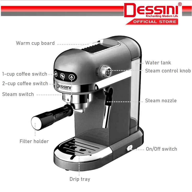 DESSINI ITALY 20 Bar 1.4L Espresso Coffee Maker Brew Froth Cappuccino ...