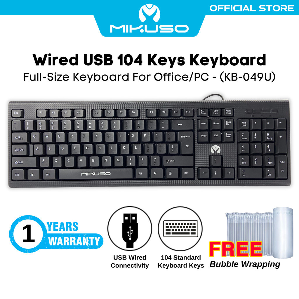MIKUSO KB-049U Wired USB Full Size Keyboard 104 Keys | For PC Office ...