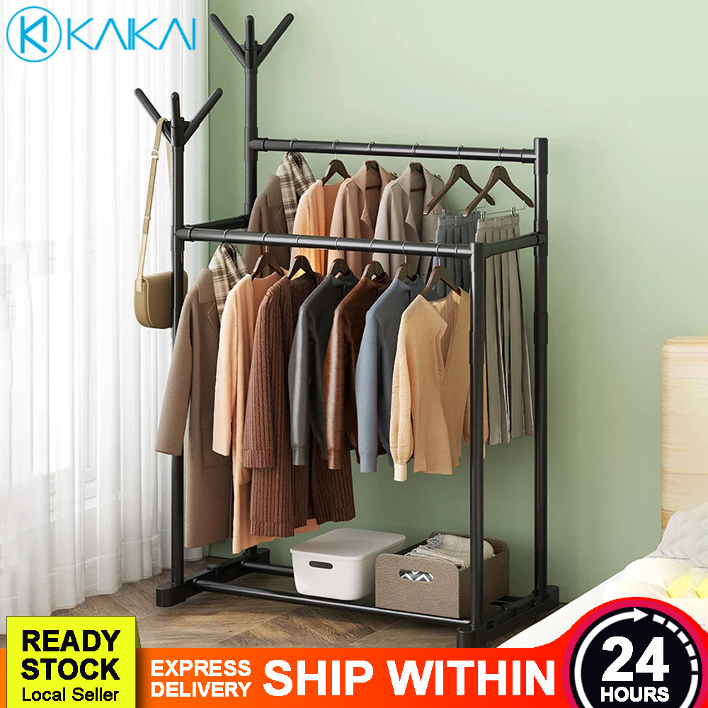 🔥 EASY MOVE 🔥 Double Pole Clothes Rack With Wheel Cloth Hat Handbag ...