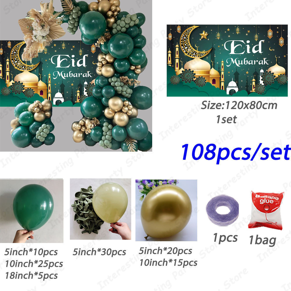 108pcs Eid Mubarak Backdrops Balloon Set Ramadan Kareem Decoration ...