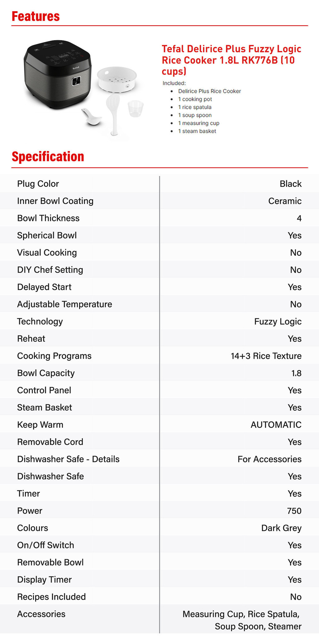 Tefal Delirice Plus Fuzzy Logic 1.8 Liter Rice Cooker RK776B | Shopee ...