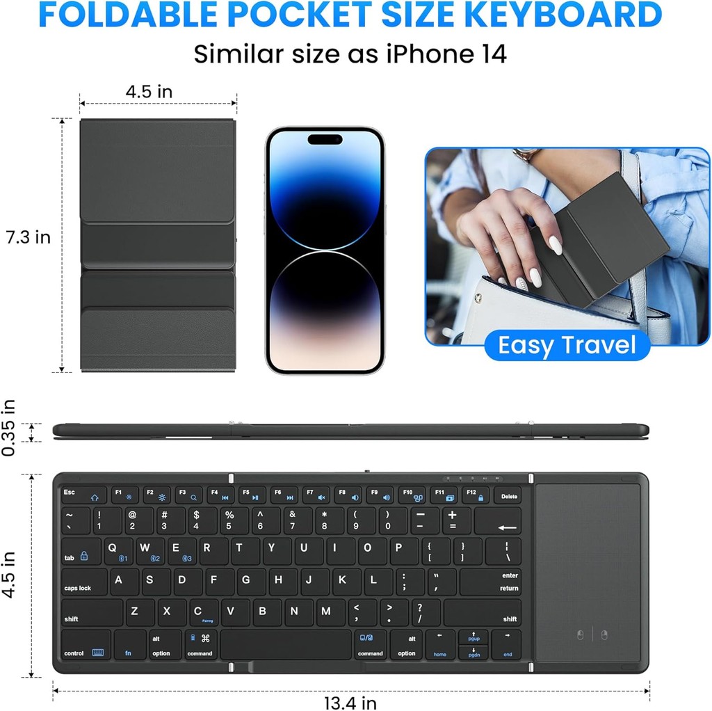 Tri-fold Bluetooth Keyboard with Touchpad Rechargeable Portable Long ...