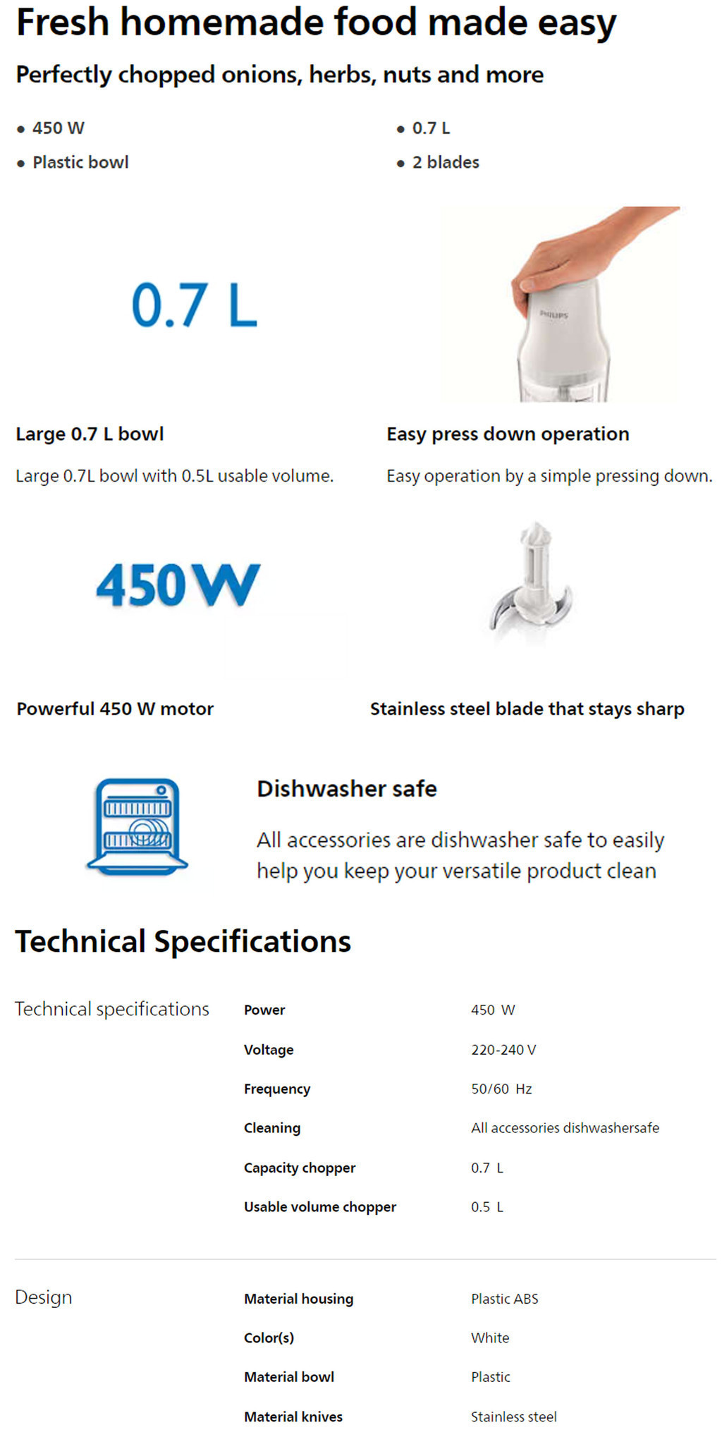 Philips 450 Watt Daily Collection 0.7 Liter Food Chopper HR1393/00 ...