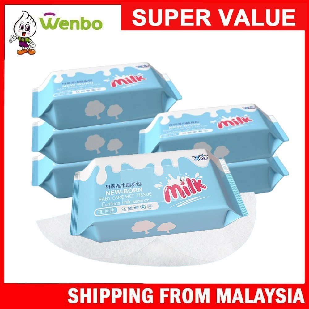 Wenbo [30pcs] Sky Blue Milk Baby Wipes New Born Baby Care Wet Tissue ...