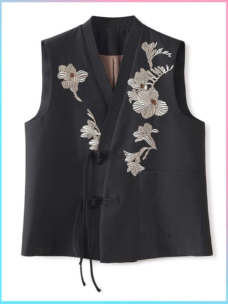 New Black High-end V-neck Temperament Flower Embroidery Heavy Duty ...