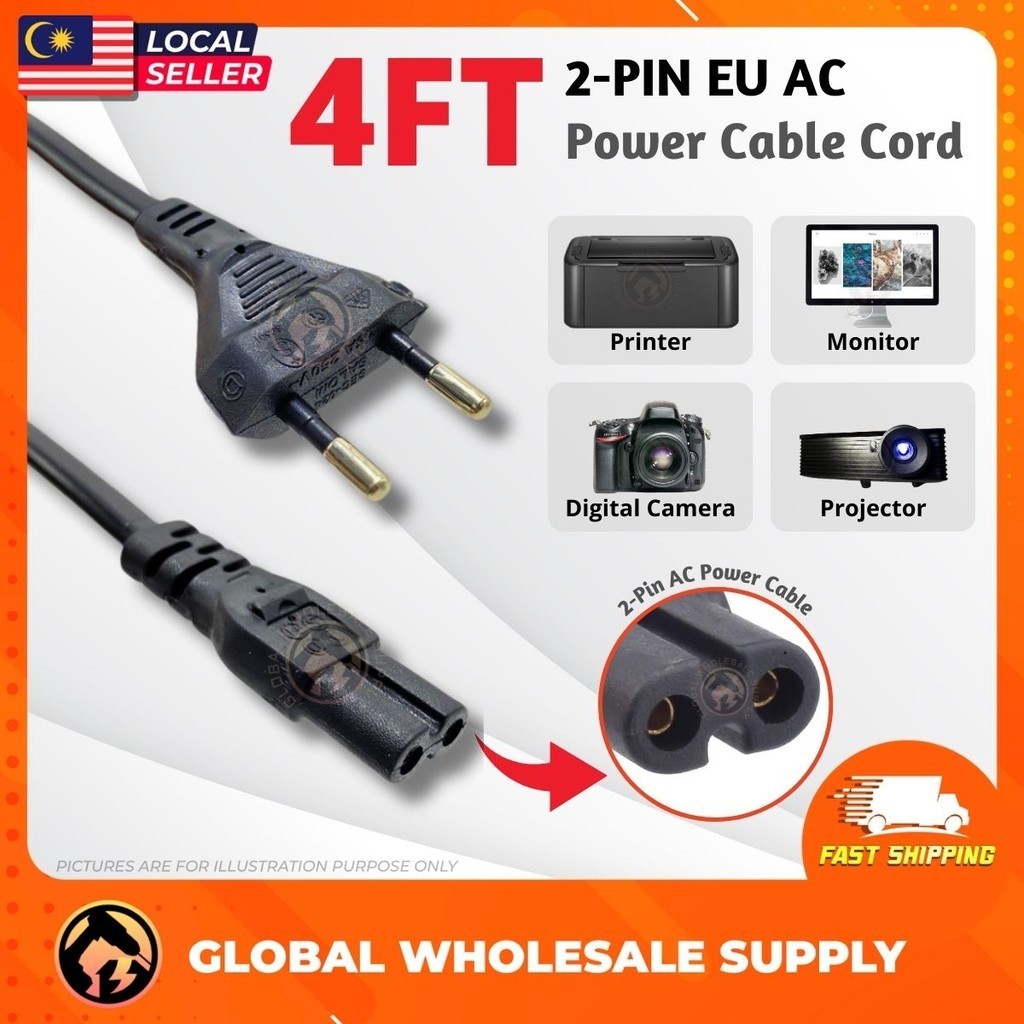 4FT EU 2 Pin AC CORD 2-Prong Port Power Cable Cord TV Printer PC ...