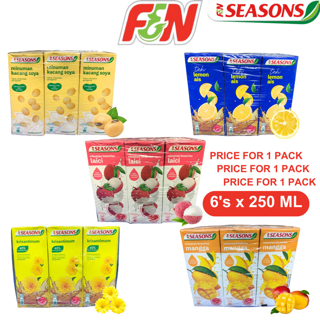 F&N Seasons Drinks 1 Pack 6pcs x 250ml Ice Lemon Tea/Soya/Laici/Mango ...