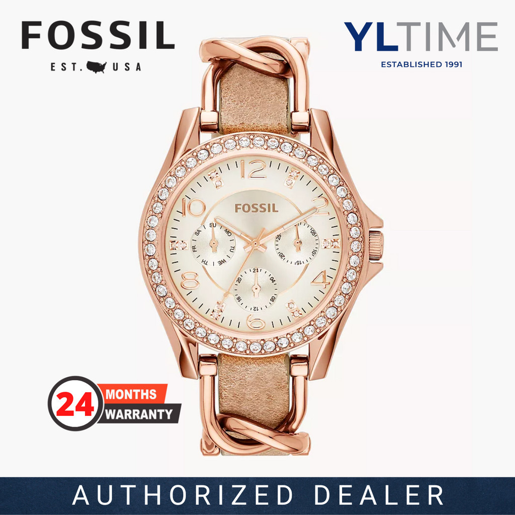 Fossil Lady ES3466 Riley Multifunction Rose Gold-Tone and Sand Leather ...