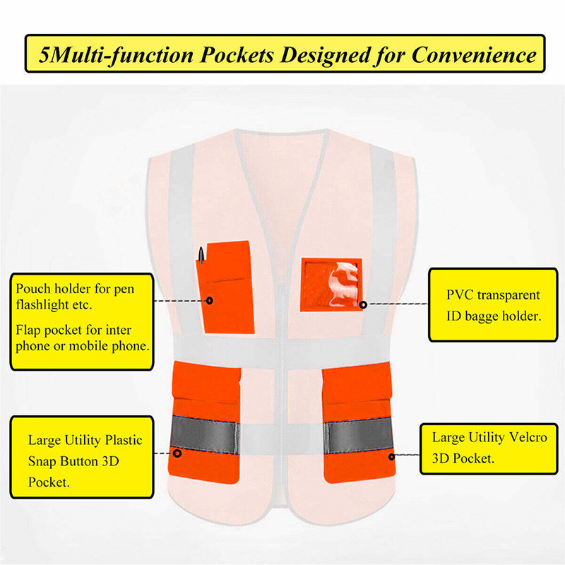 High Visibility Safety Vest Reflective Strips Multi Pockets and Zipper ...