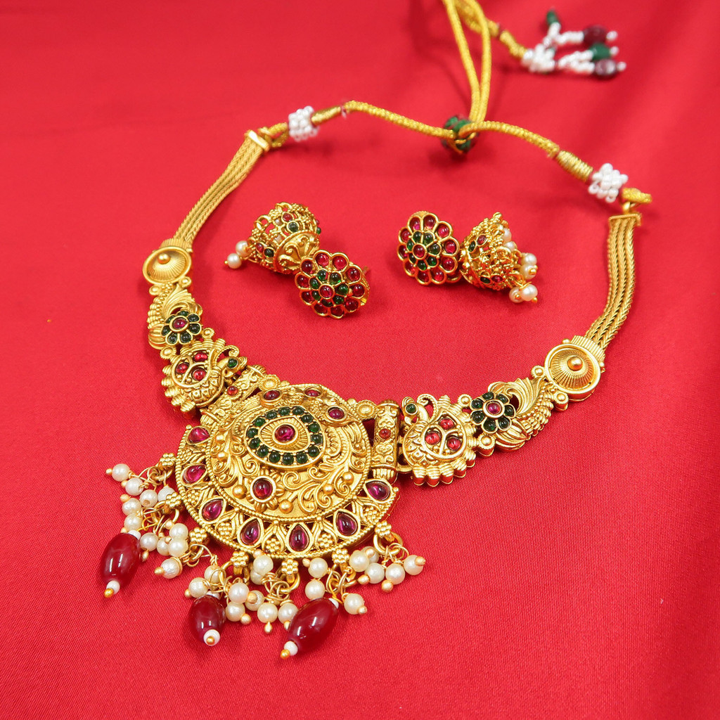 Premium Matte Gold Flower Design Choker Set With Pearl | Indian Choker ...