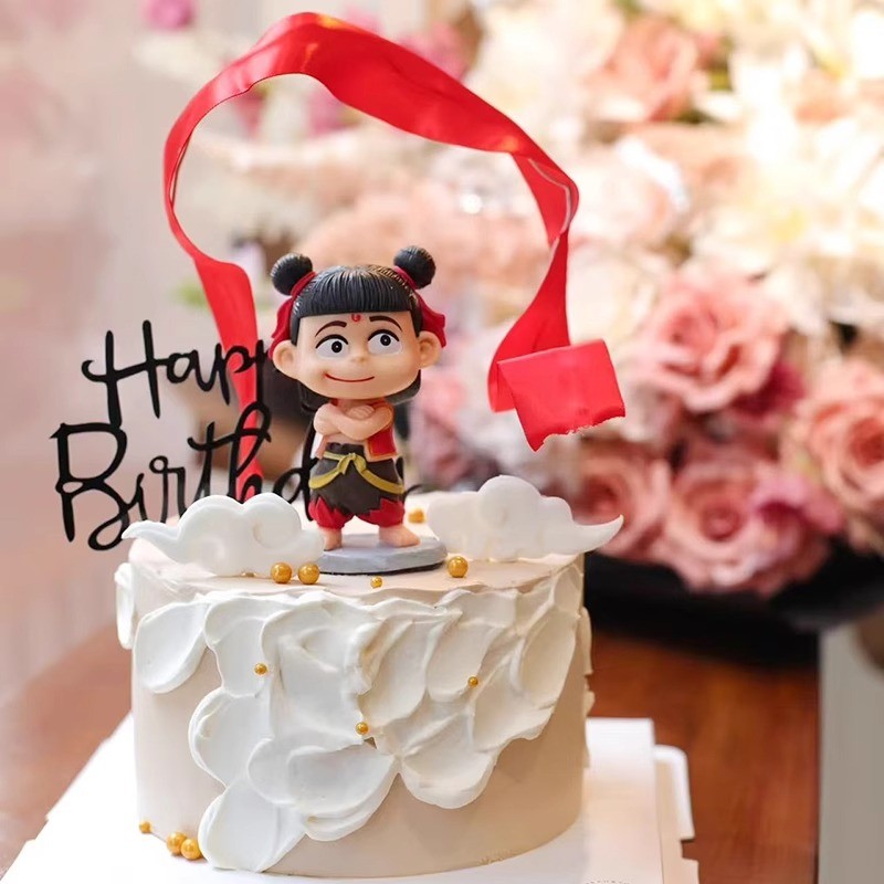 Children's cake decoration Nezha ornament red ribbon plugin wind and ...