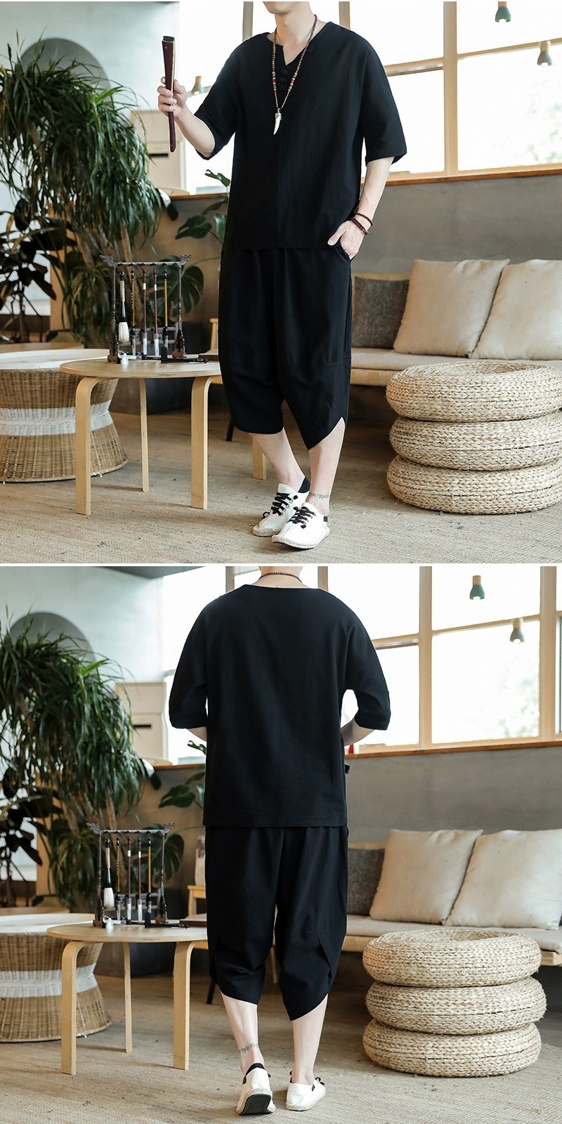 Men Casual outfits 2 Pieces Linen Shirt 1/2 Sleeve Chinese Style ...