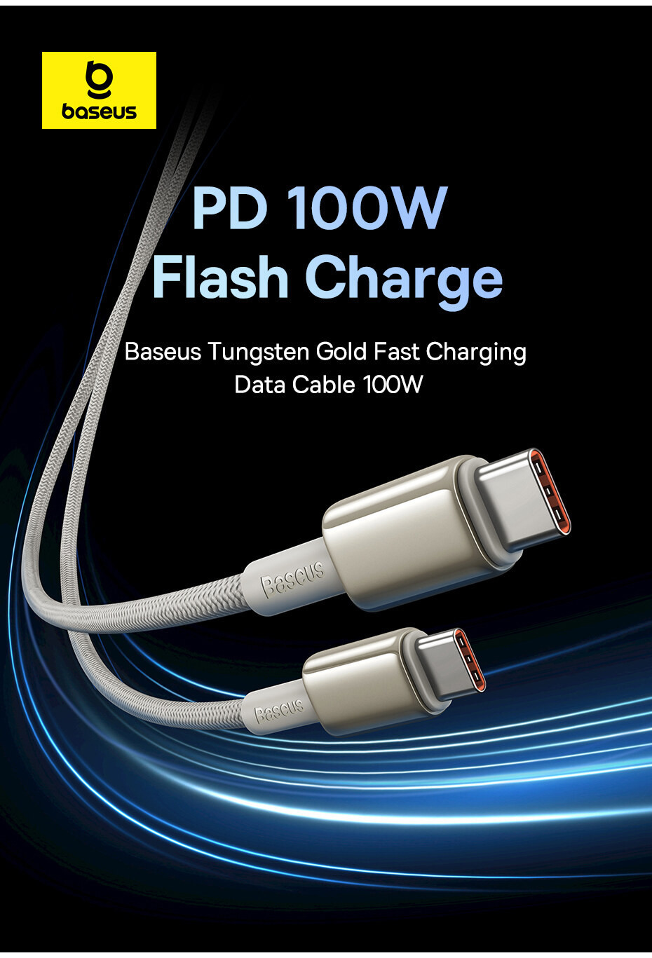 Baseus 100W Type-C to Type-C Tungsten Gold Fast Charging Data Transferrable Cable | Shopee Malaysia