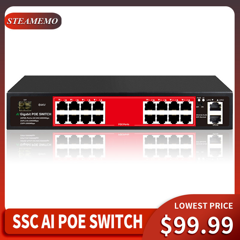 STEAMEMO Full Giabit POE Switch 16 Port AI Watchdog Built-in Power 240W ...