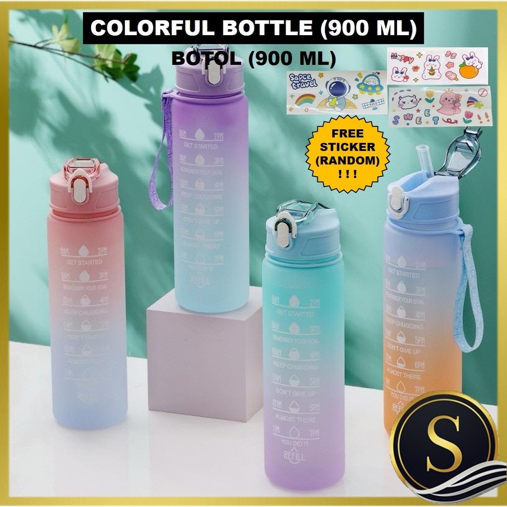 Colorful Bottle Free Sticker 900ml Water Bottle With Straw Plastic ...