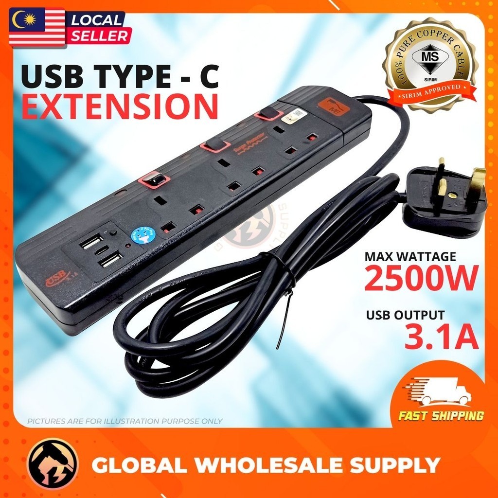 [SIRIM] EXTENSION USB TYPE C Port 3.1A Trailing Extension Socket ...